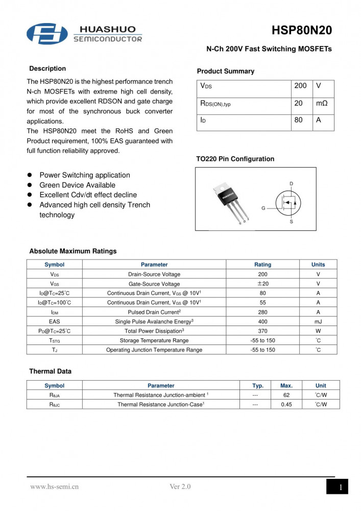 HSP80N20 datasheet page 1