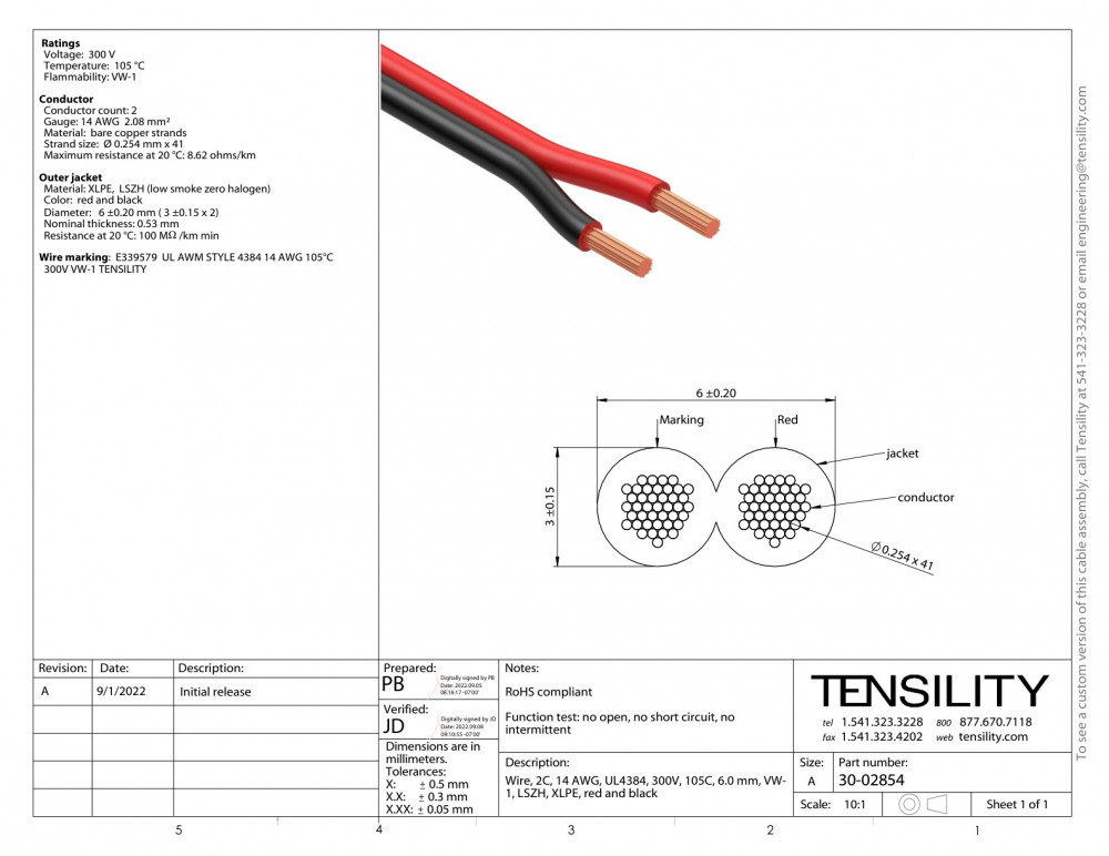 Tensility International 30-02854 product drawing, revision A