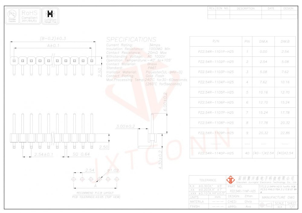 PZ2.54R-1104P-H25 technical drawing