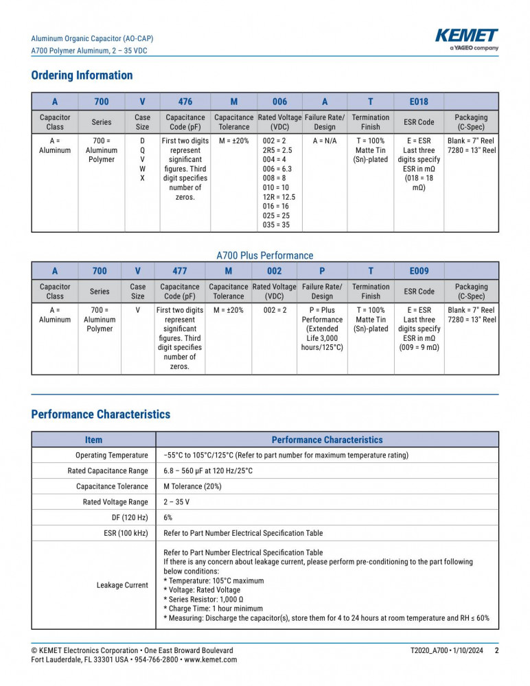 KEMET A700 datasheet page 2