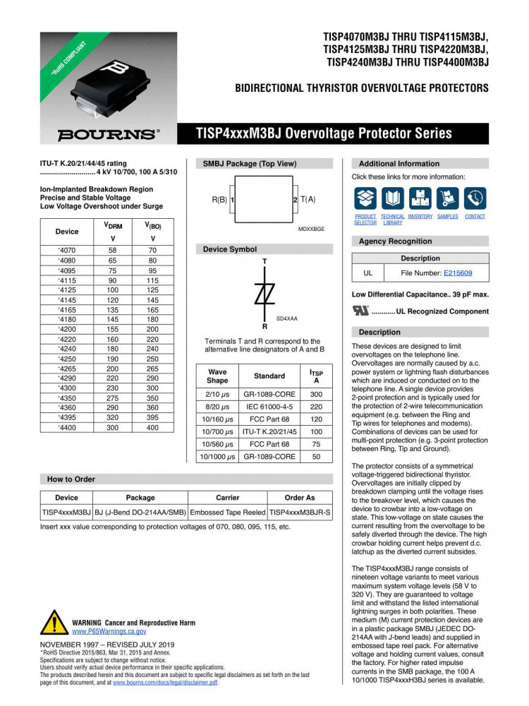 Bourns TISP4145M3BJR-S datasheet page 1