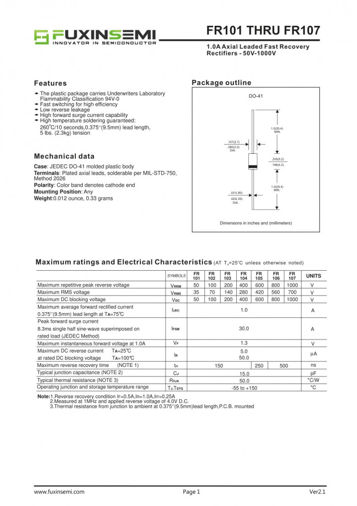 FR107 datasheet page 1