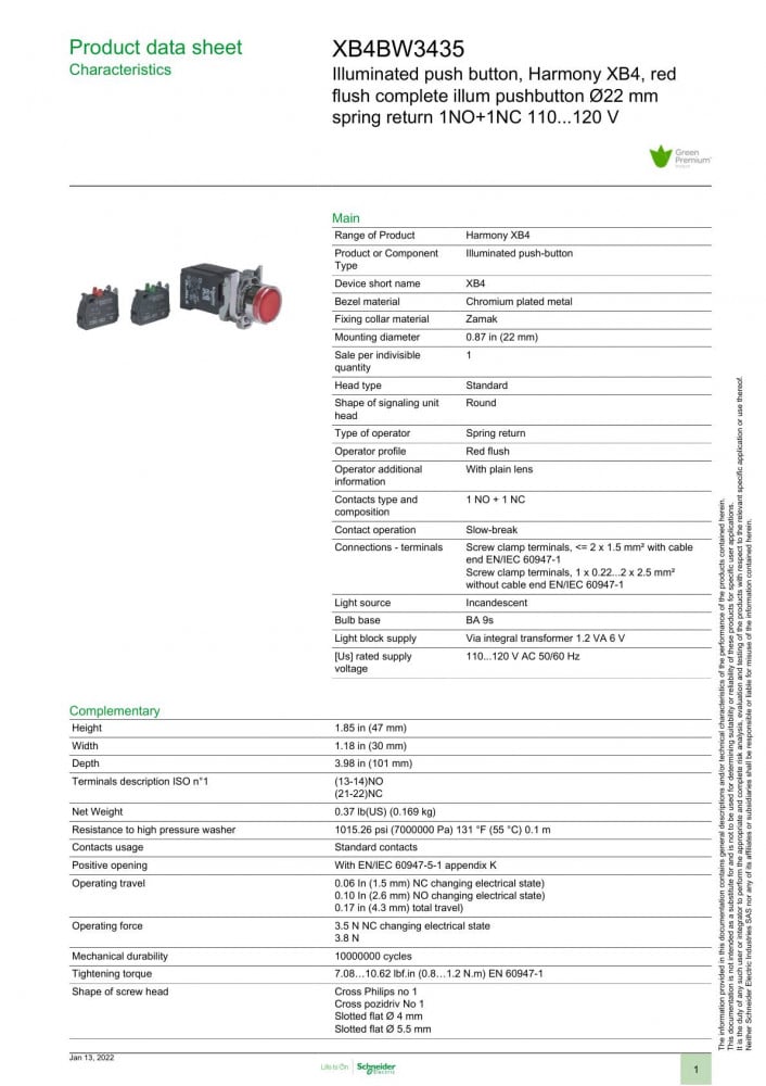 XB4BW3435 technical document page 1