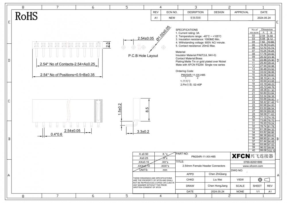 XFCN PM254R-11-20-H85 technical drawing