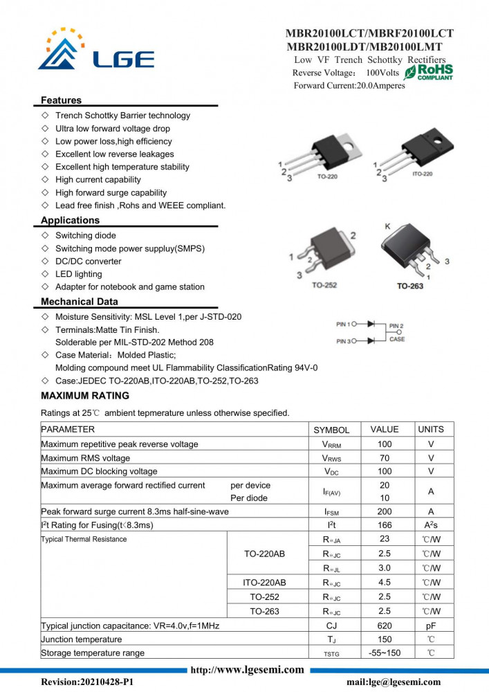 MBR20100LCT datasheet page 1