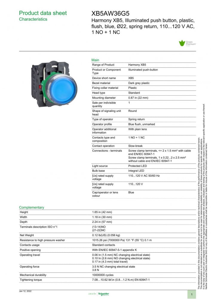 XB5AW36G5 technical document page 1