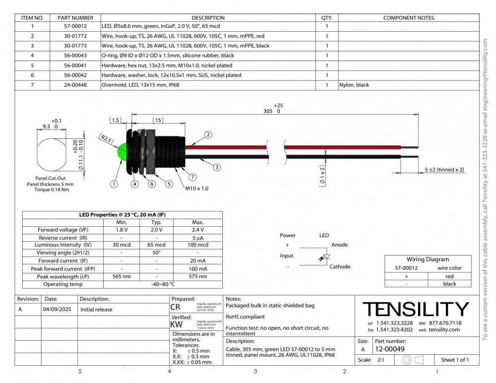 Tensility 12-00049 product drawing, wiring and assembly details