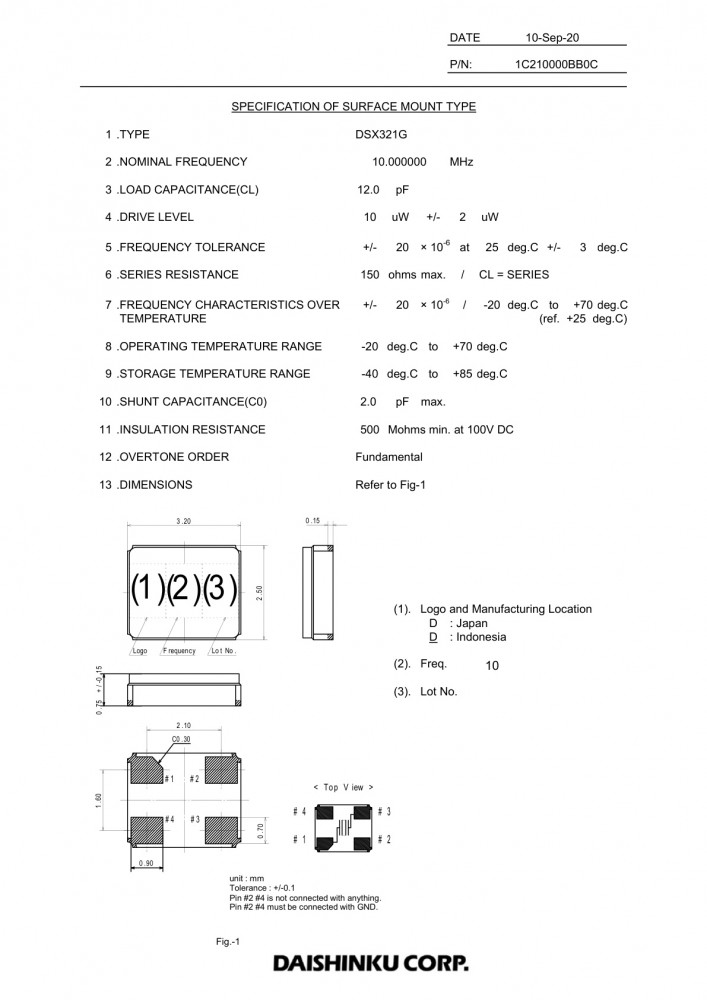 KDS DSX321G technical specification and marking diagram