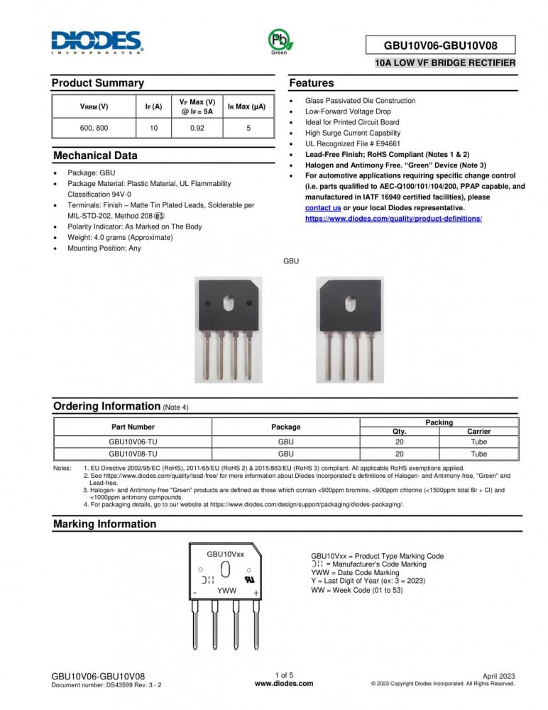 GBU10V06-TU datasheet page 1