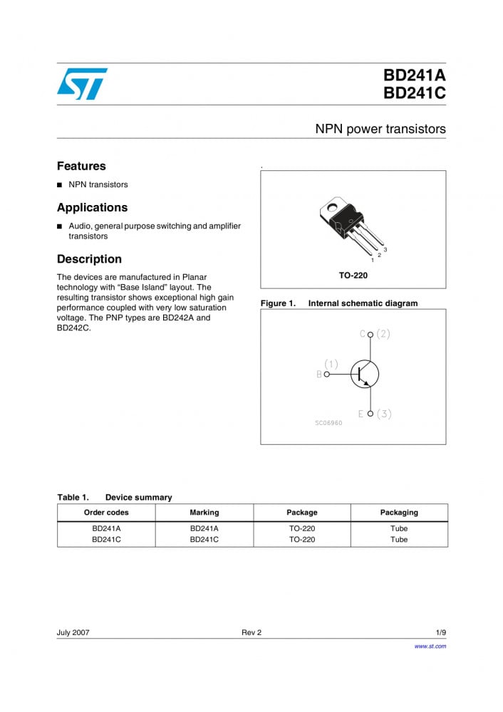 BD241C datasheet page 1