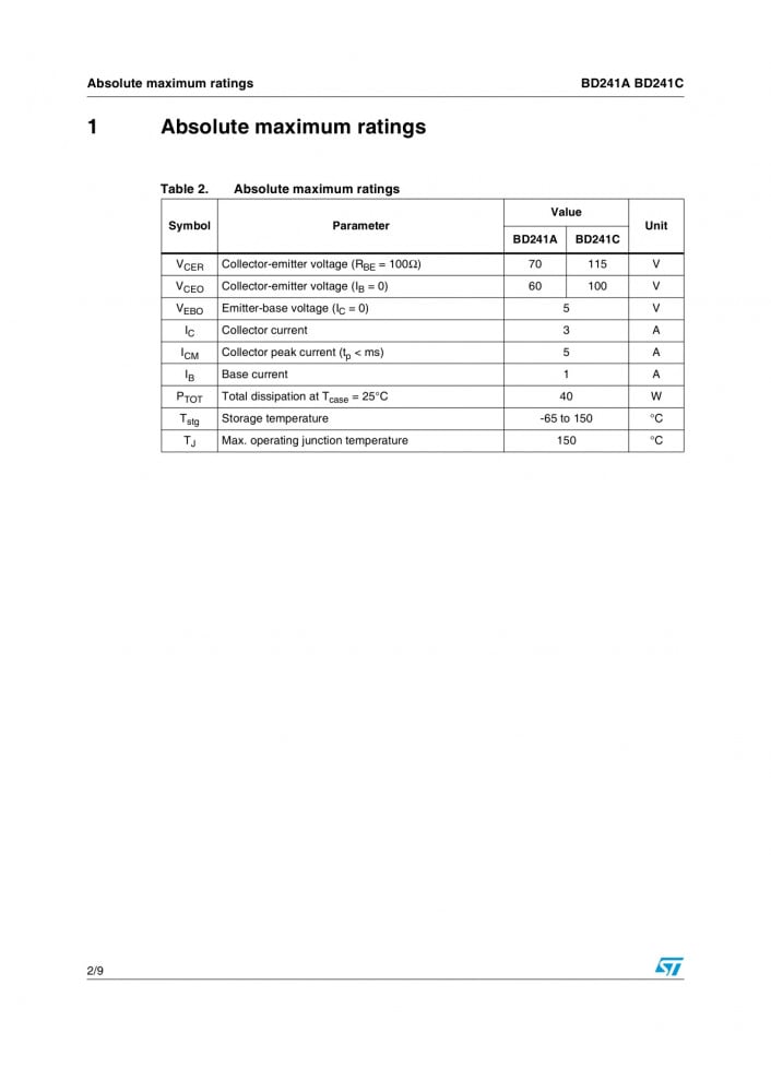 BD241C datasheet page 2