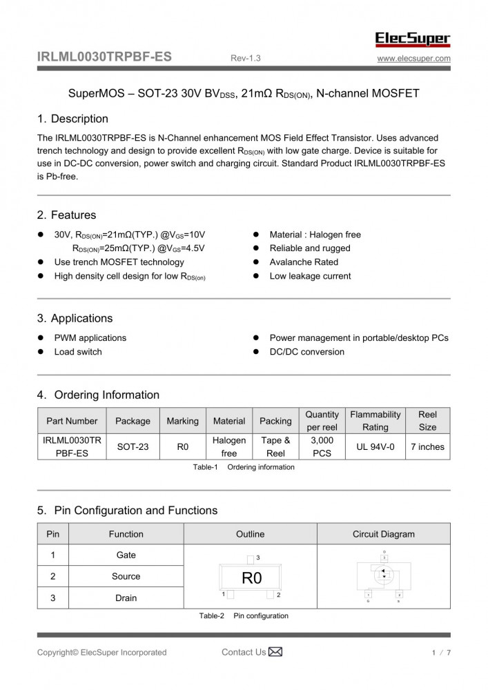 IRLML0030TRPBF-ES datasheet page 1