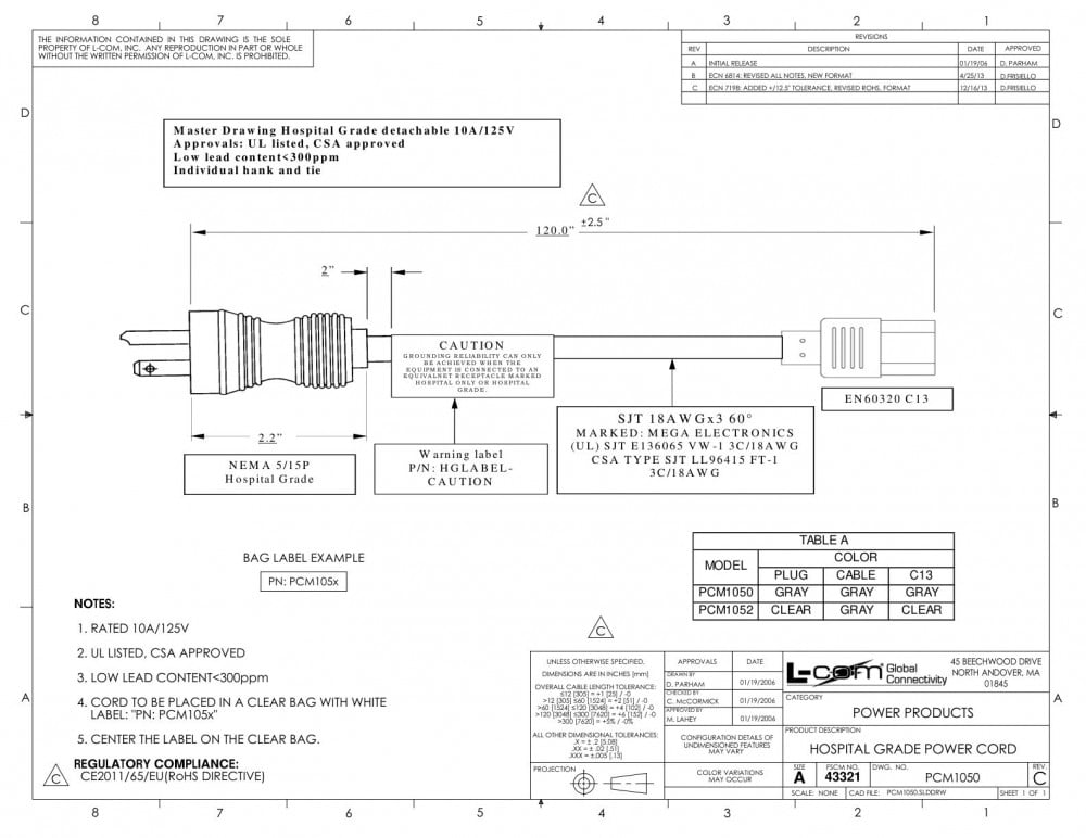 PCM1050 bag label and color table reference