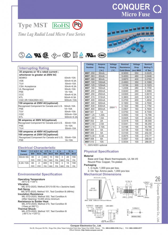 CONQUER MST time-lag radial lead micro fuse technical document