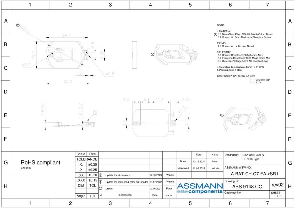 Assmann WSW coin cell holder technical drawing
