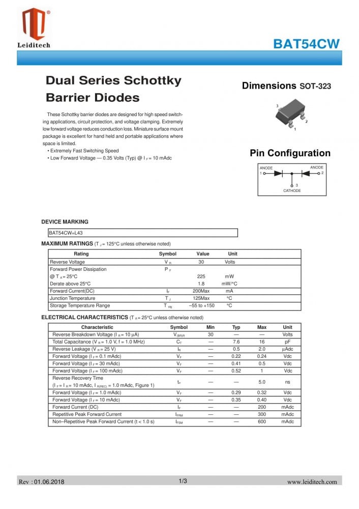 BAT54CW datasheet page 1