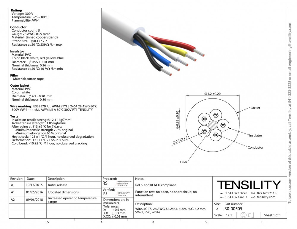 Tensility International 30-00505 cable product specification drawing