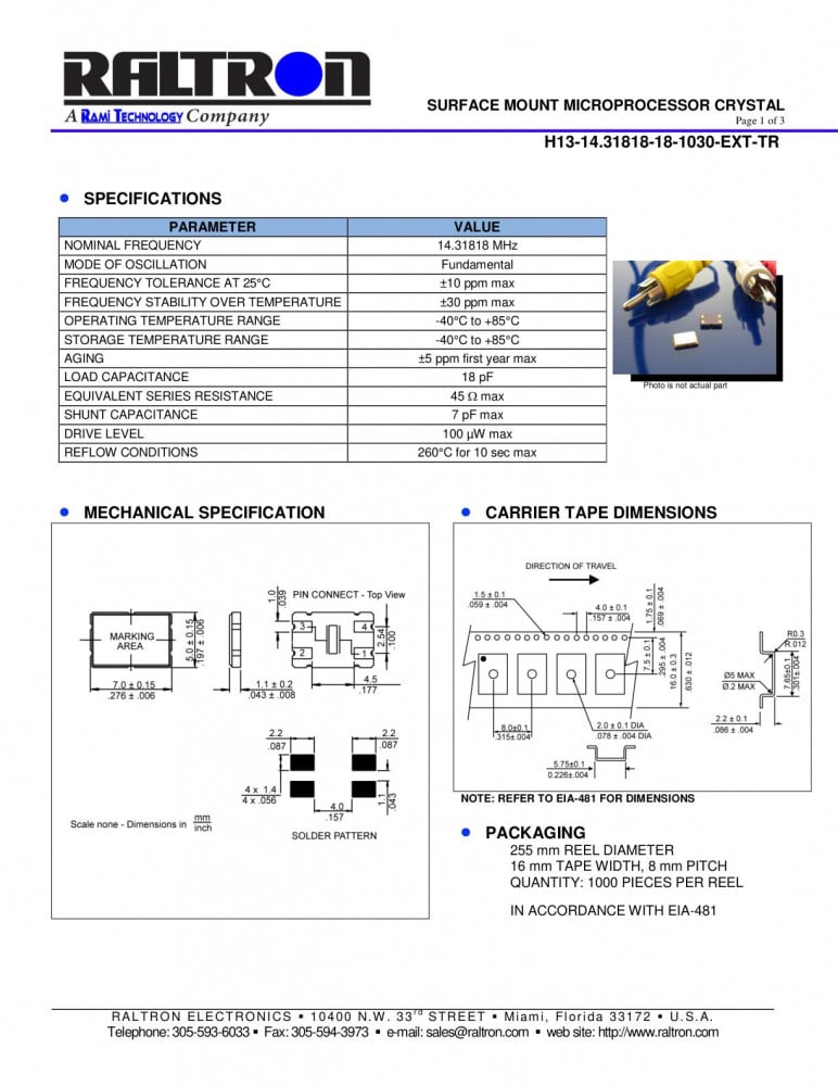 Raltron H13-14.31818-18-1030-EXT-TR technical document page 1