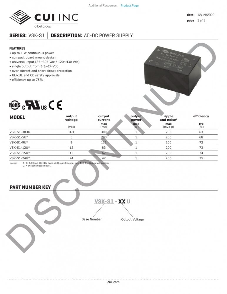 VSK-S1 series datasheet page 1