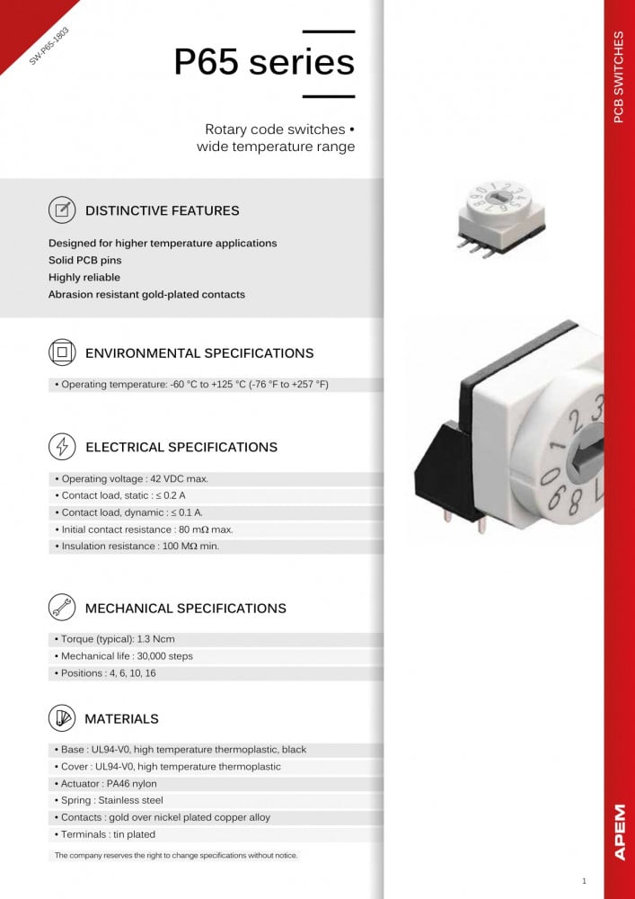 APEM P65SMT703 technical document page 1