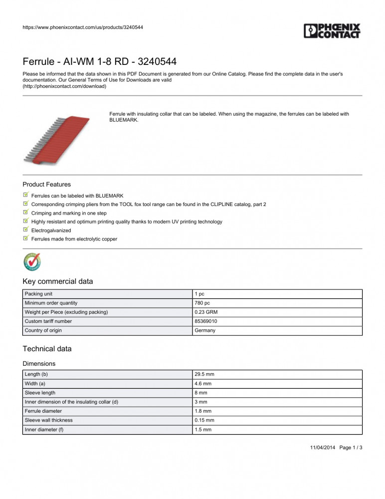 Phoenix Contact 3240544 product data page