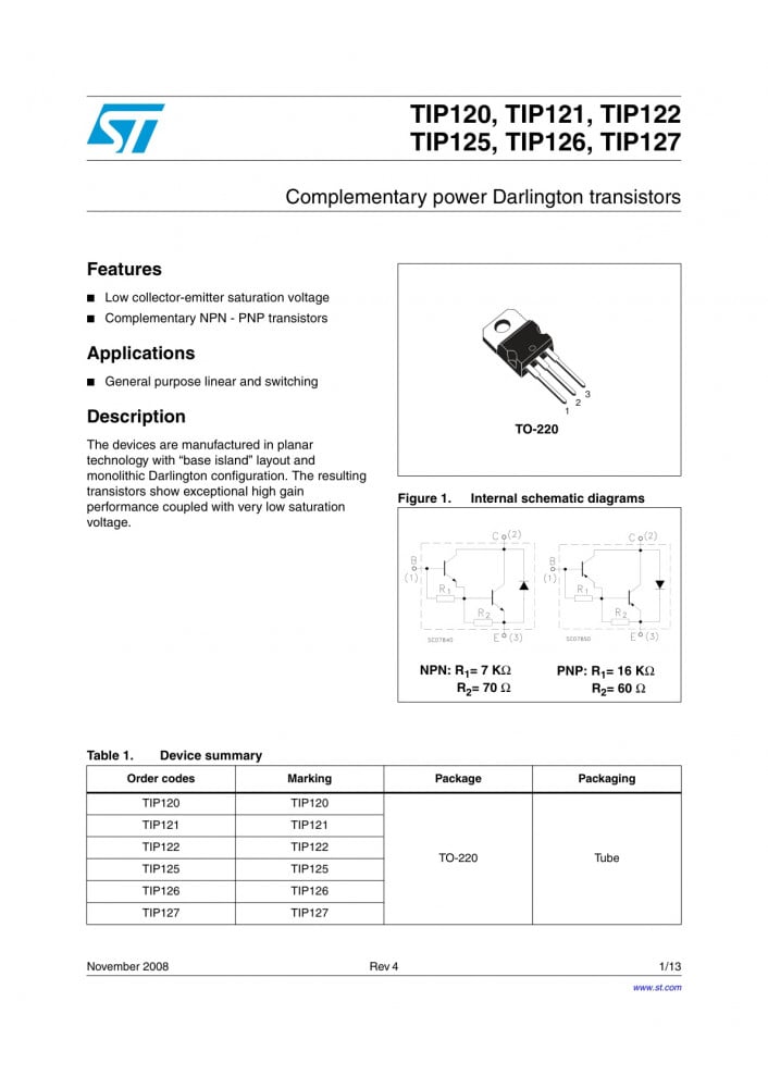 TIP127 datasheet page 1