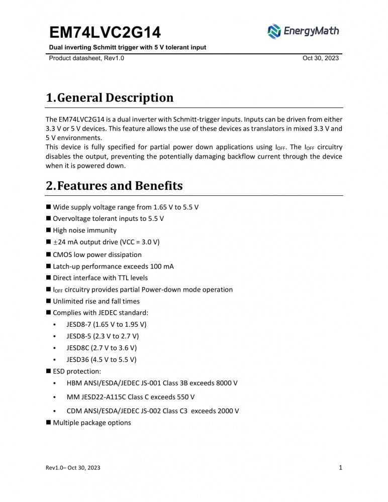 EM74LVC2G14GW datasheet page 1