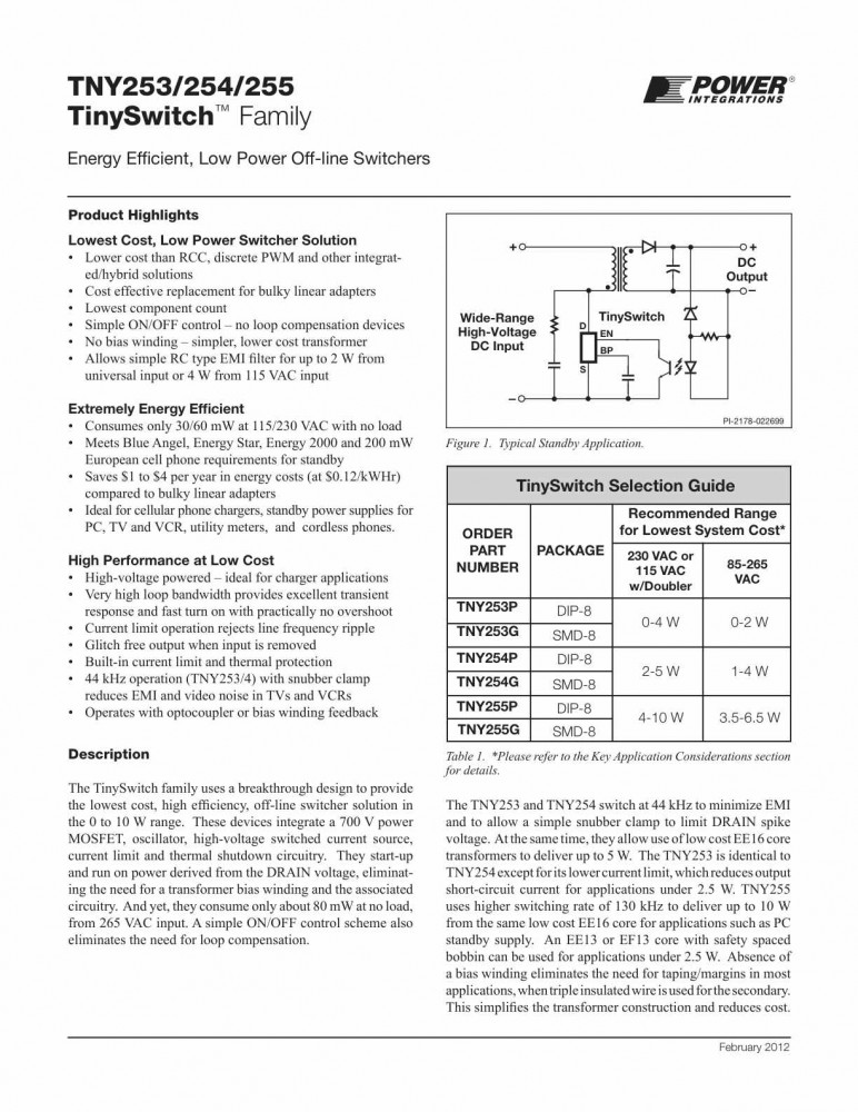 TNY255PN technical document page 1