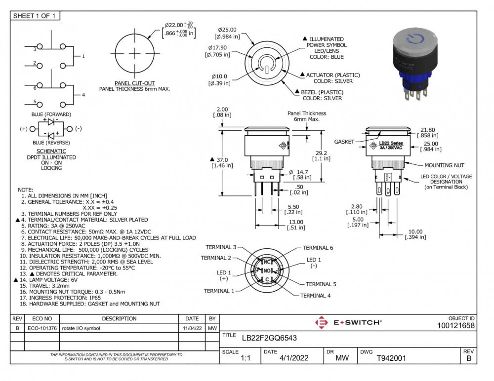 E-Switch LB22F2GQ6543 official technical drawing