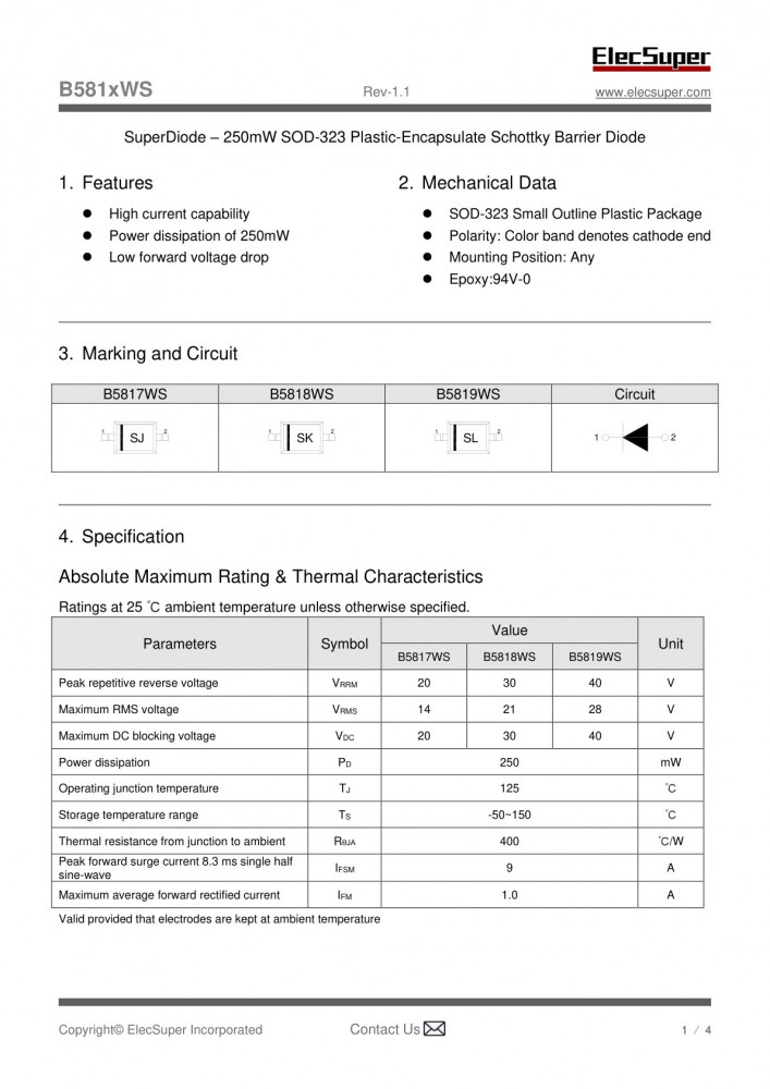 B5819WS datasheet page 1