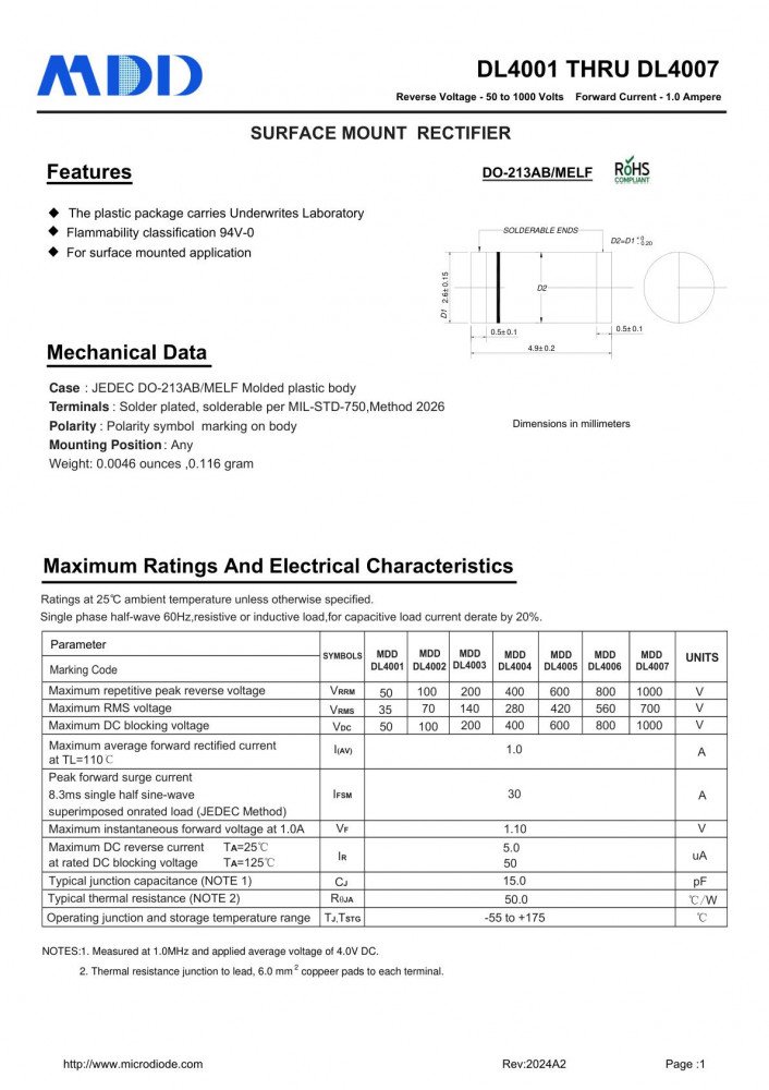 MDD DL4007 datasheet page 1, product information and ratings