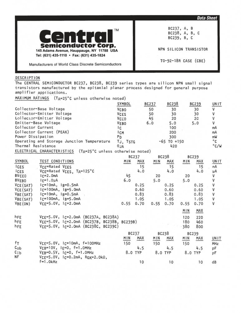 Central BC237B PBFREE datasheet page 1