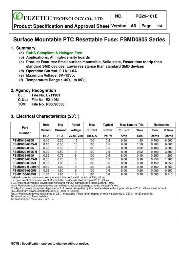FUZETEC FSMD0805 specification sheet page 1
