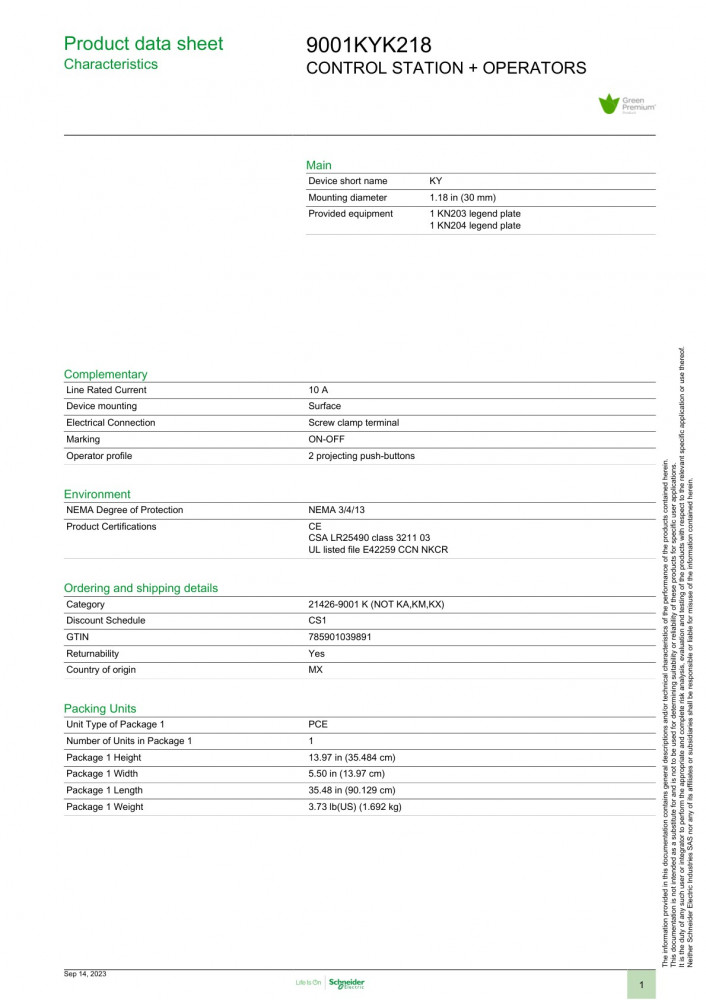 9001KYK218 technical document page 1