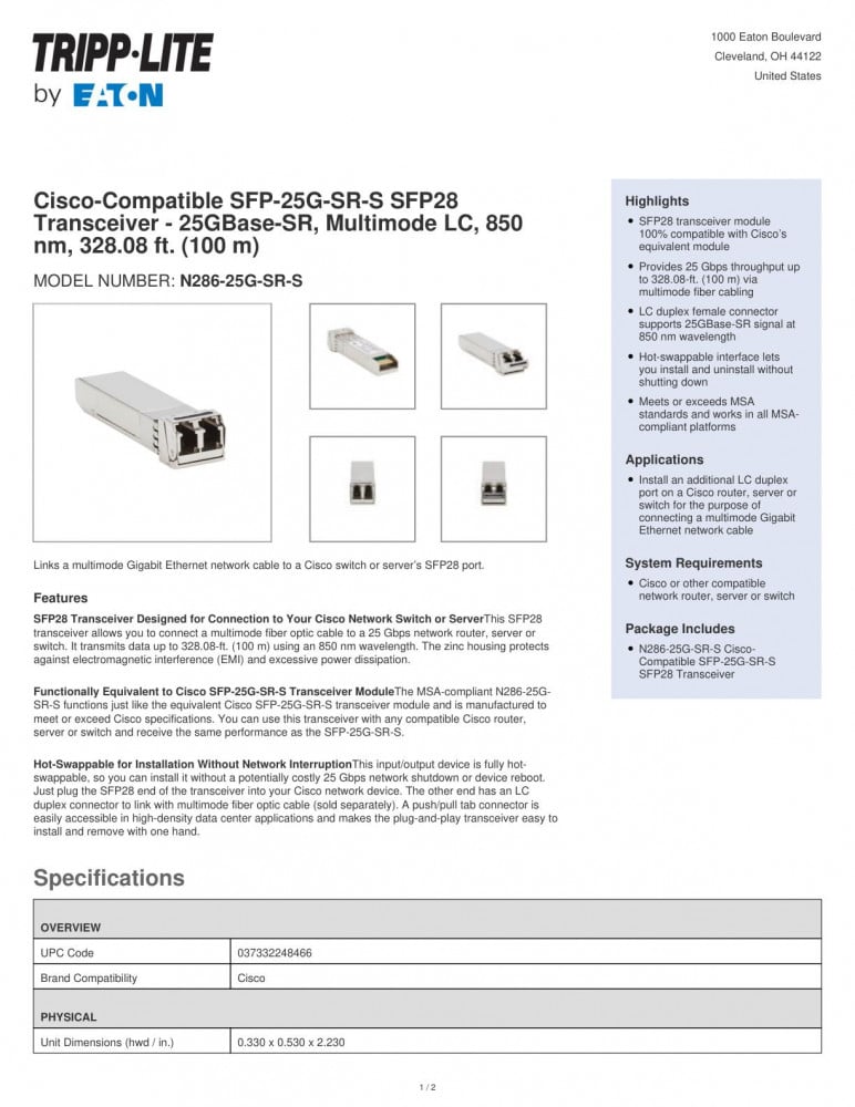 N286-25G-SR-S technical document page 1