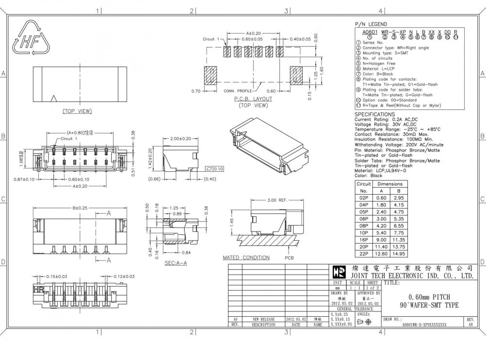 Joint Tech Elec A0601WR-S-06PNLBT1T00R technical drawing