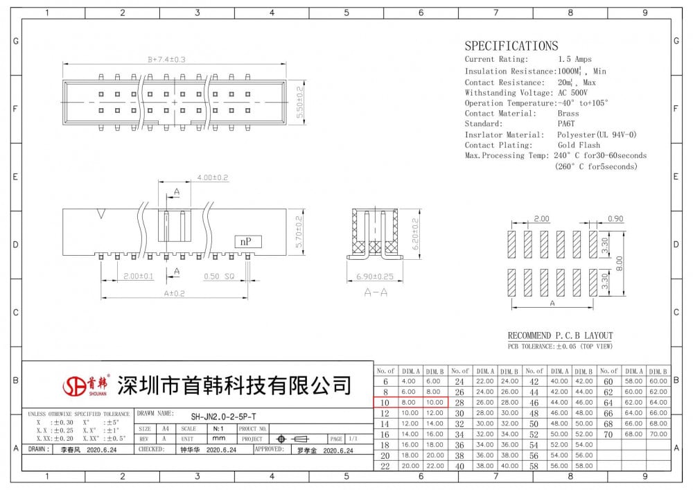 SH-JN2.0-2-5P-T technical drawing