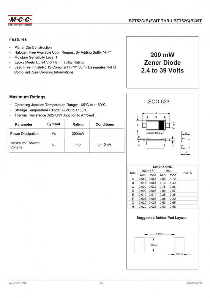 MCC BZT52B7V5T-TP datasheet page 1