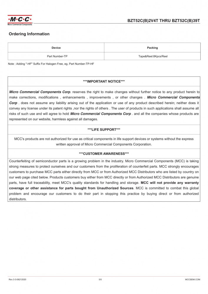 MCC BZT52B7V5T-TP datasheet page 5