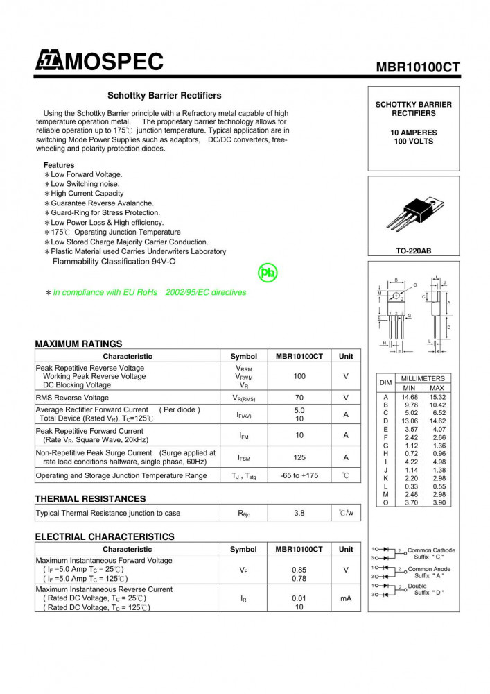 MOSPEC MBR10100CT datasheet page 1