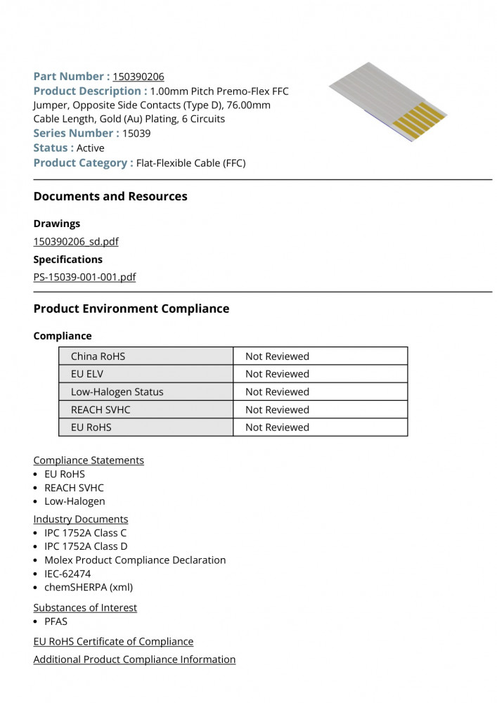 MOLEX 1.00 mm pitch FFC product family specification, page 1