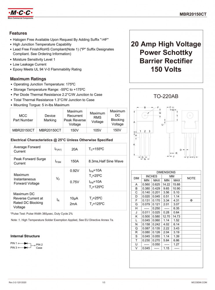 MBR20150CT-BP MCC datasheet page 1