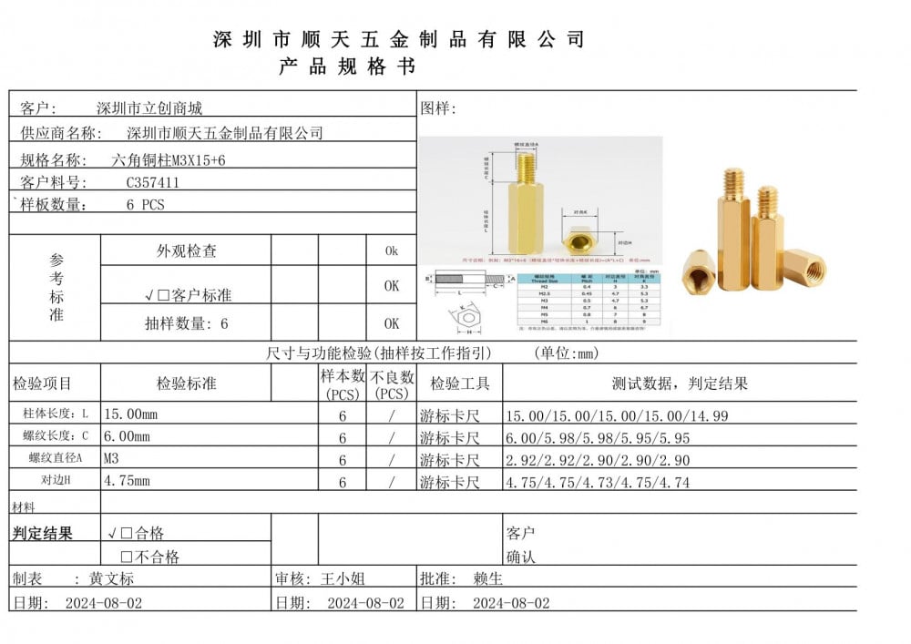 M3X15+6 product specification document
