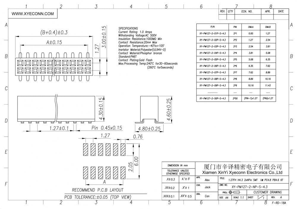XYECONN XY-PM127-2-05P-S-4.3 product drawing