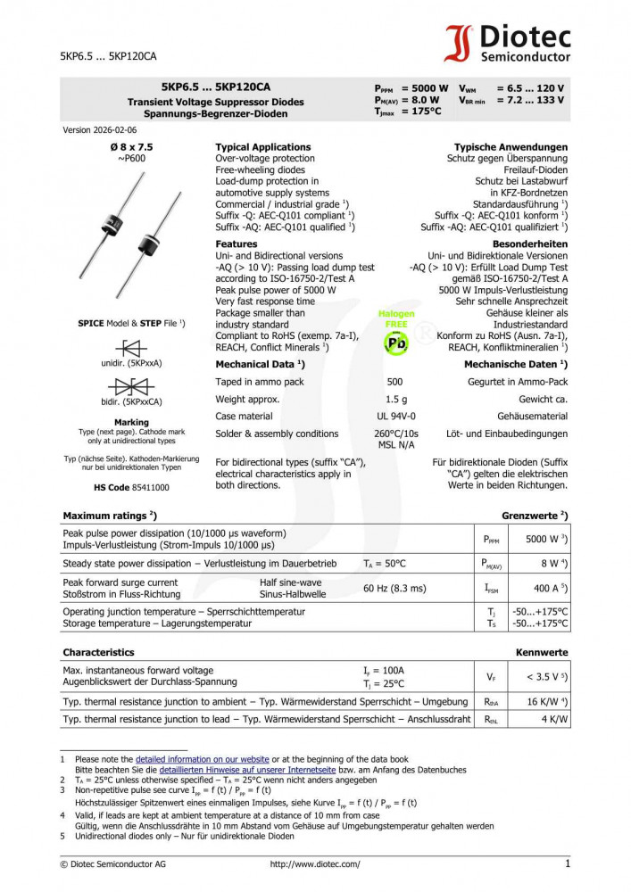 DIOTEC 5KP series datasheet page 1