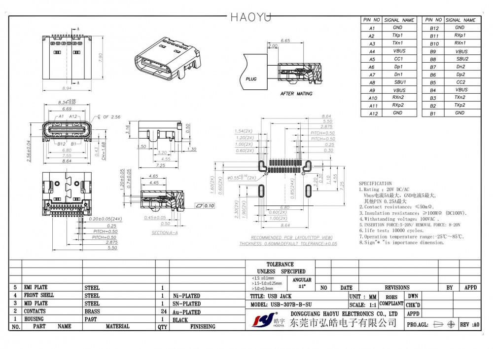 HOOYA USB-307B-B-SU technical drawing preview