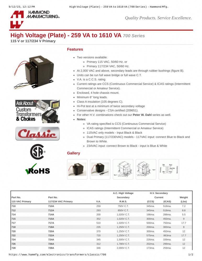 Hammond 700 Series high-voltage transformer documentation page 1