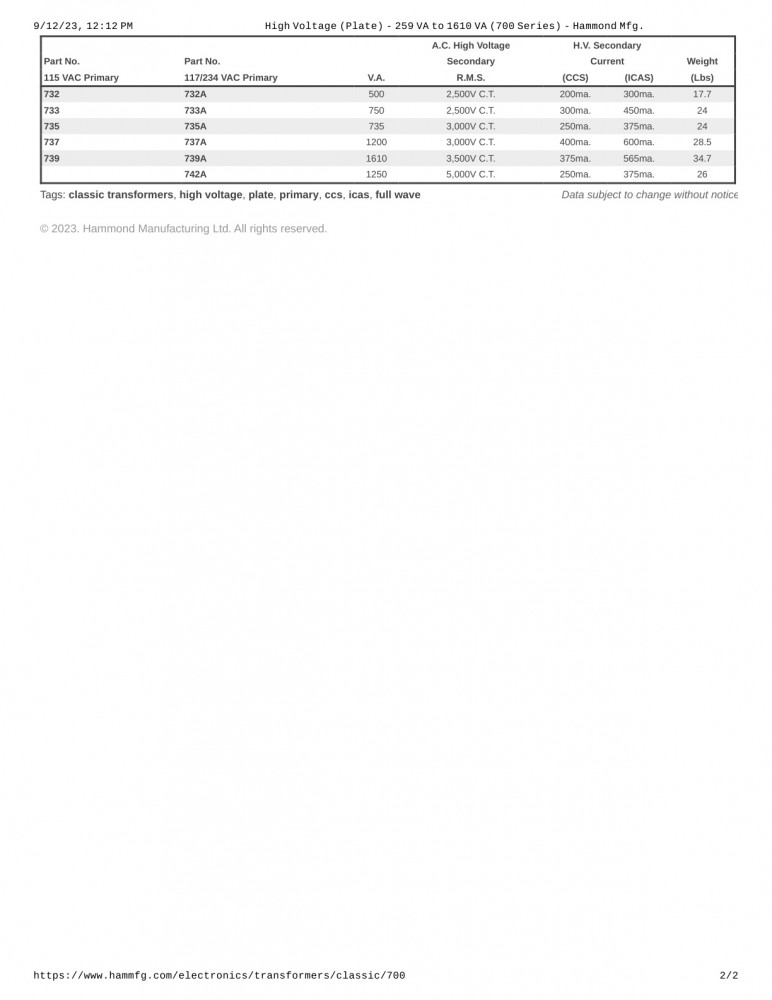 Hammond 700 Series high-voltage transformer documentation page 2