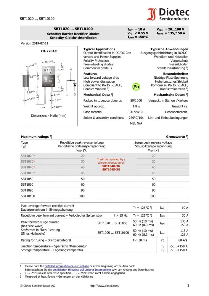 DIOTEC SBT1040 datasheet page 1