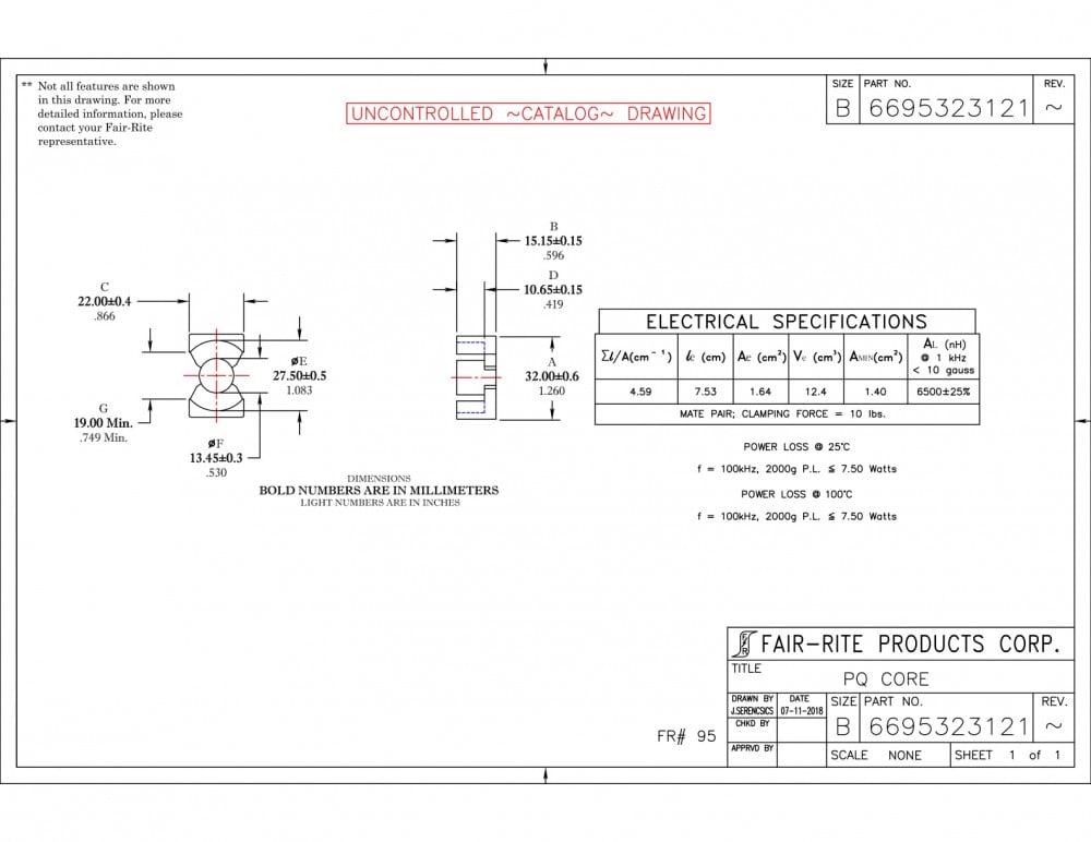 Fair-Rite 6695323121 PQ core technical drawing